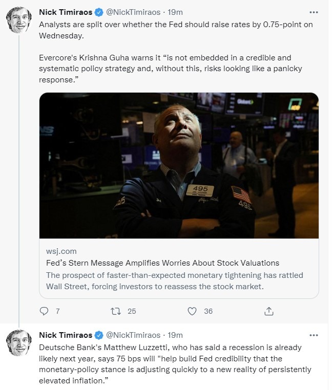 Evercore warns a 75bp FOMC rate hike "risks looking like a panicky response" | investingLive